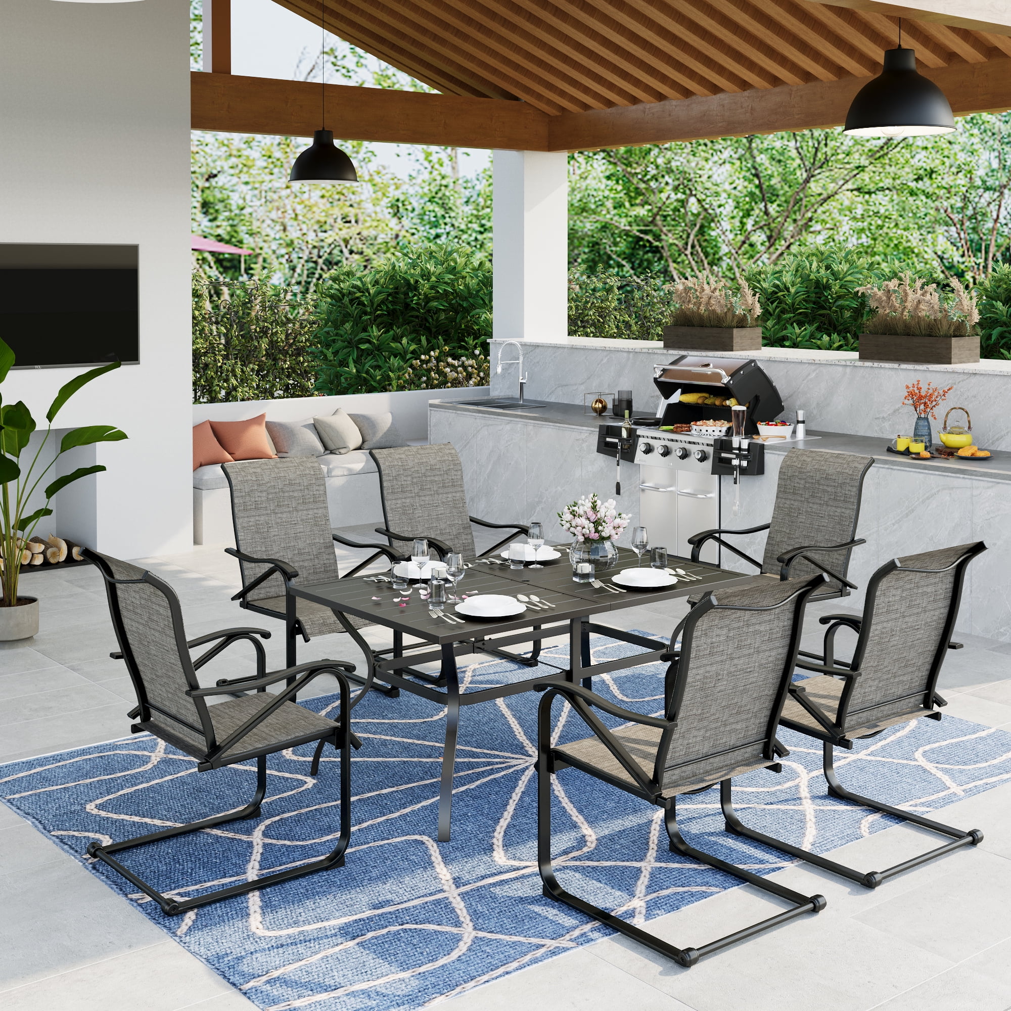 MF Studio 7-Piece Outdoor Patio Dining Set with 6 C-Spring Rocking ...