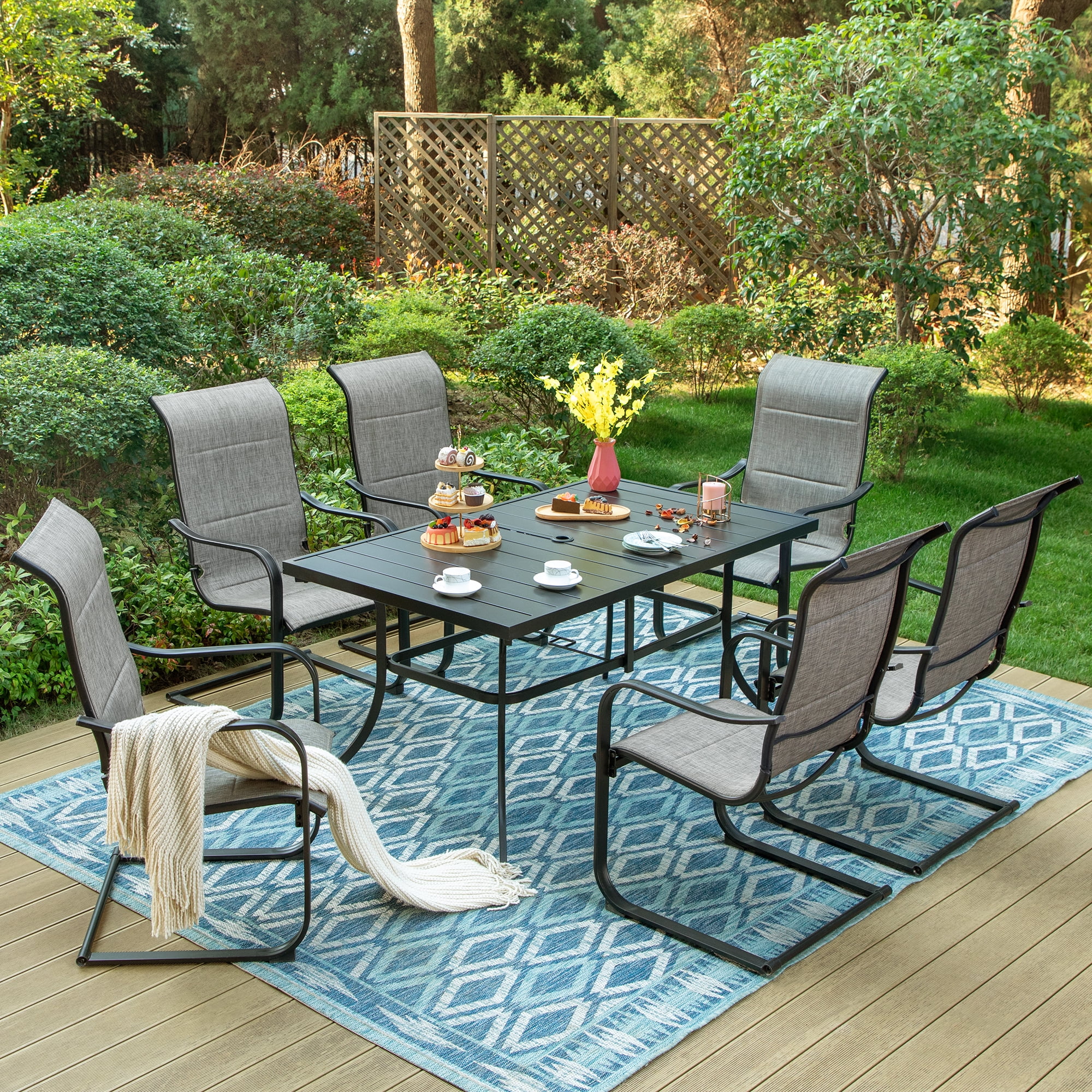 MF Studio 7-Piece Patio Dining Set, C Spring Chairs, Metal Table, Black ...