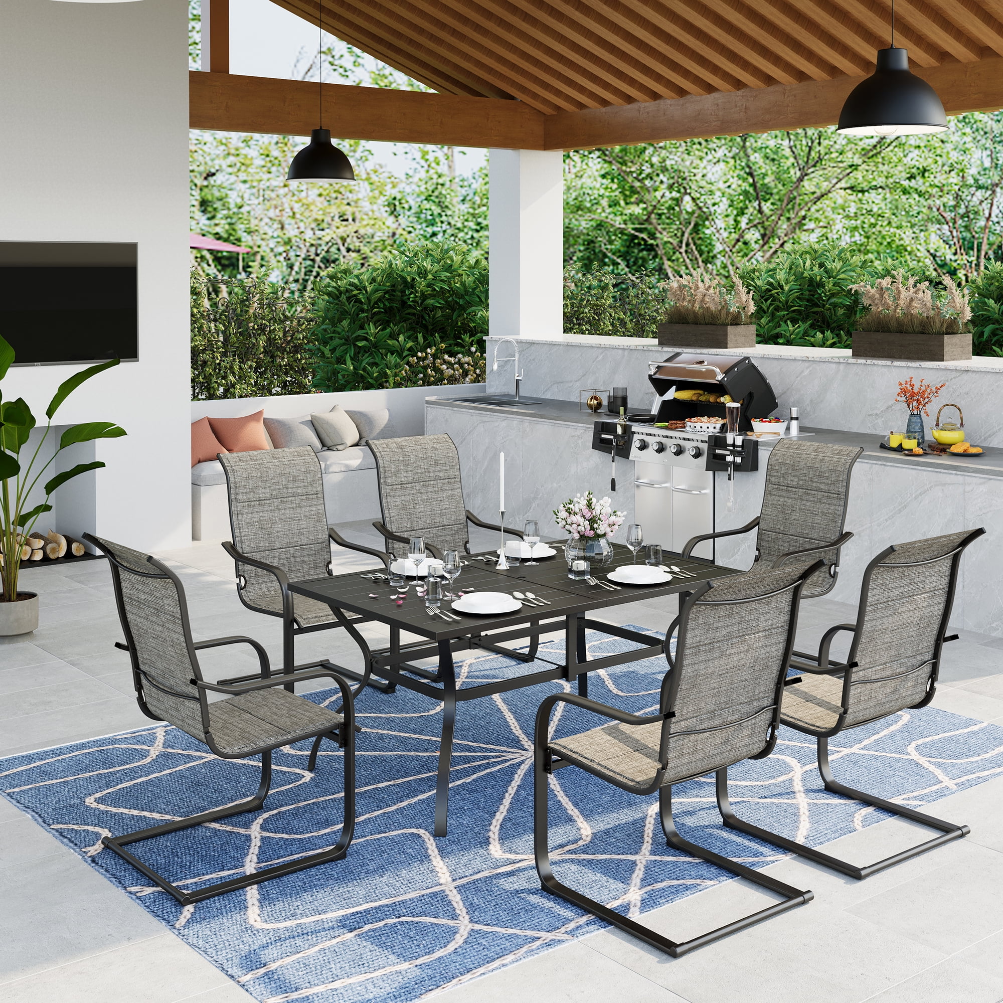 MF Studio 7-Piece Outdoor Patio Dining Set, Metal Table & 6 Textilene C ...