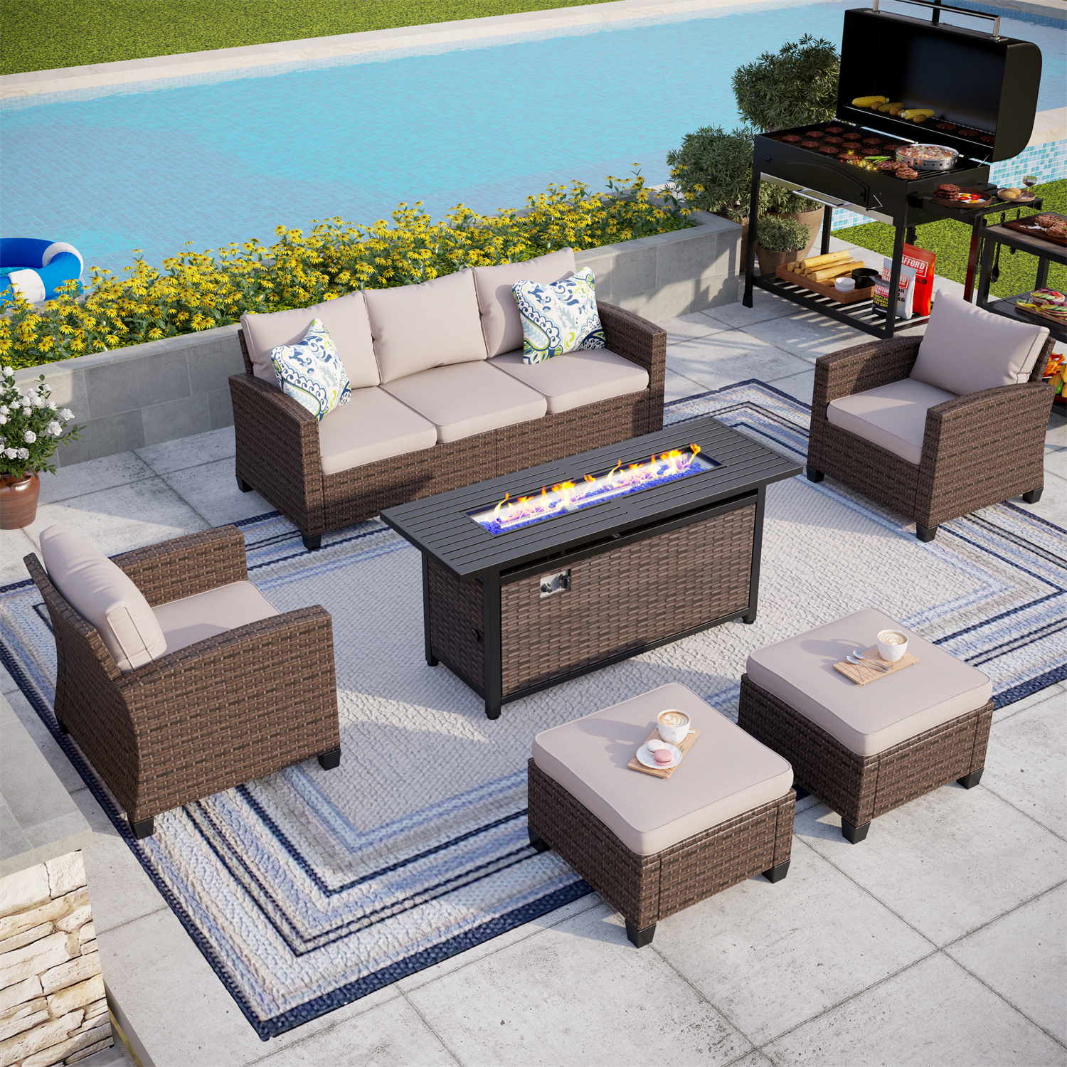 NICESOUL 7 Pcs Patio Furniture with Fire Pit Table Wicker Sofa Light ...