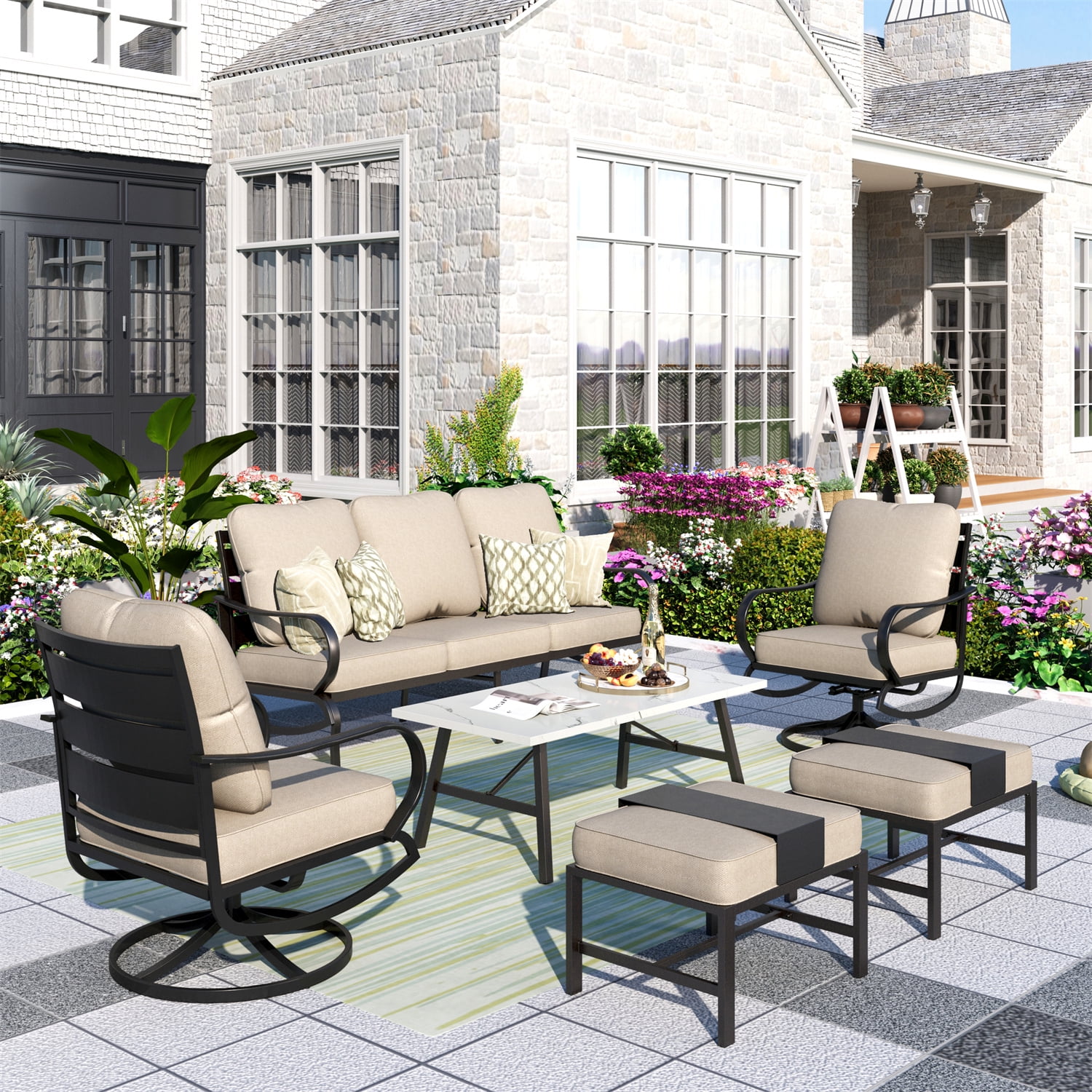 MF Studio 7-Seat Patio Conversation Set Metal Outdoor Furniture Sofa Set for 7 Person Beige ...