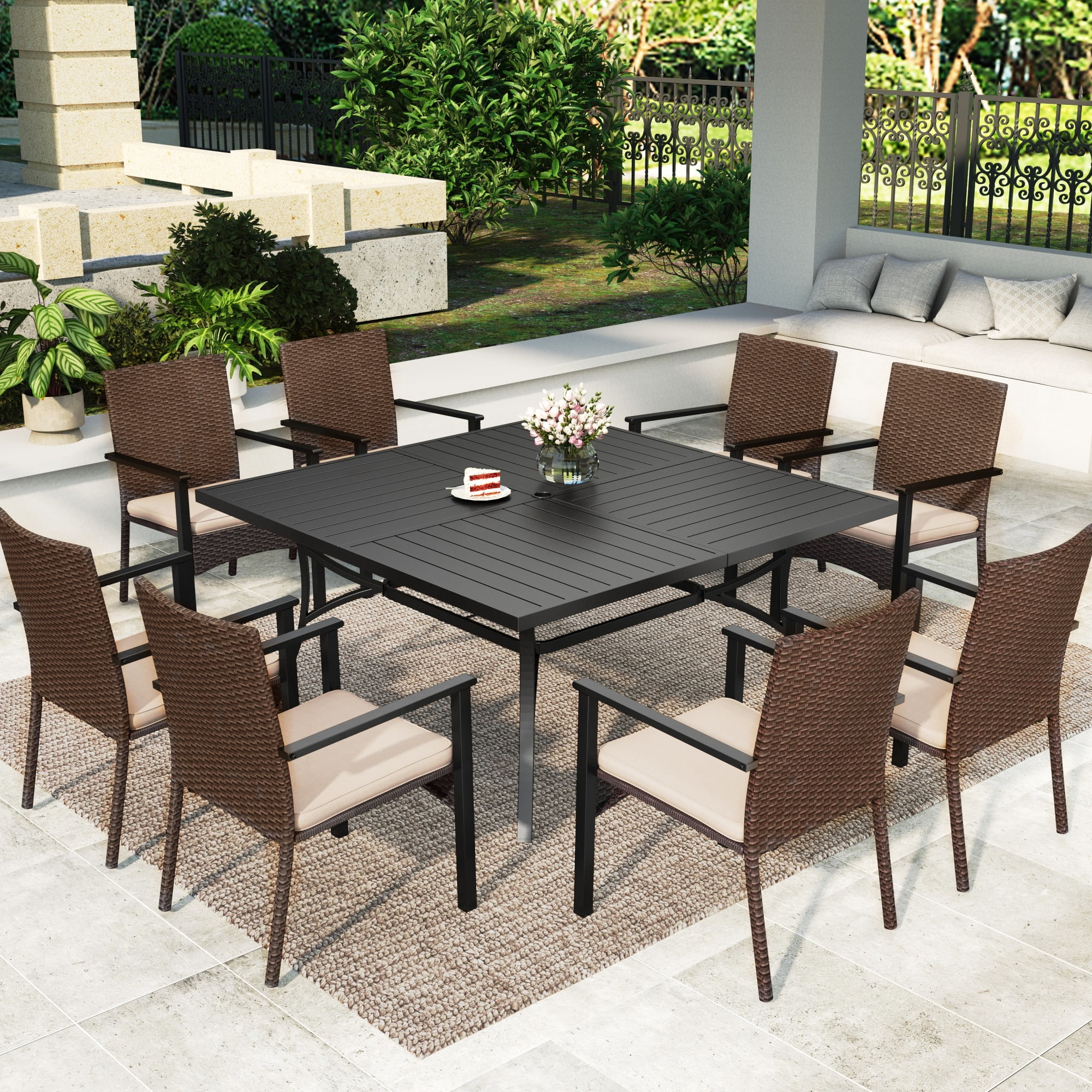 MF Studio 9-Pc Outdoor Patio Dining Table Set & Wicker Chairs for 8 ...
