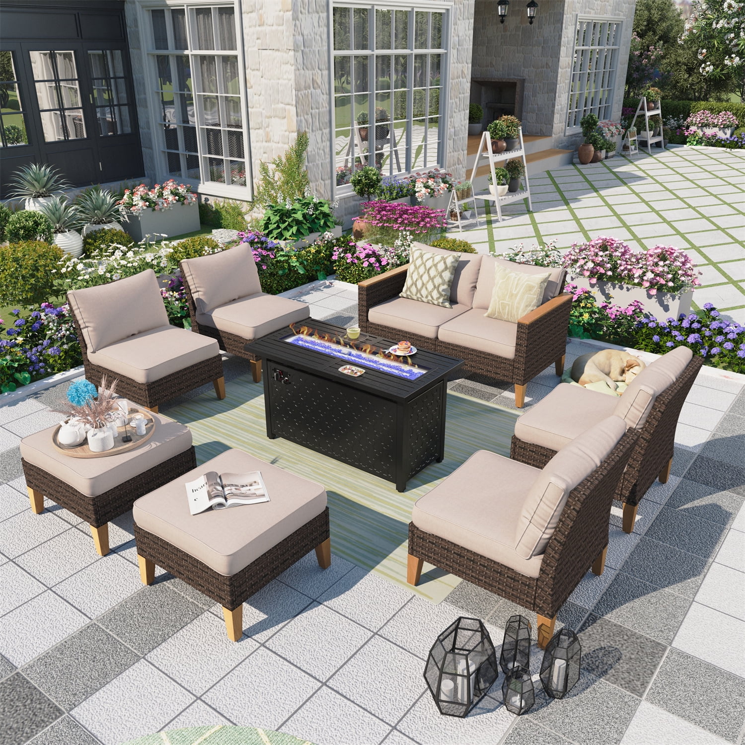 MF Studio 9 Piece Outdoor Patio Furniture Set with 45-inch 50,000 BTU ...