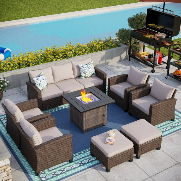 MF Studio 9-Seat Outdoor Patio Furniture Set with Fire Pit Table Wicker ...