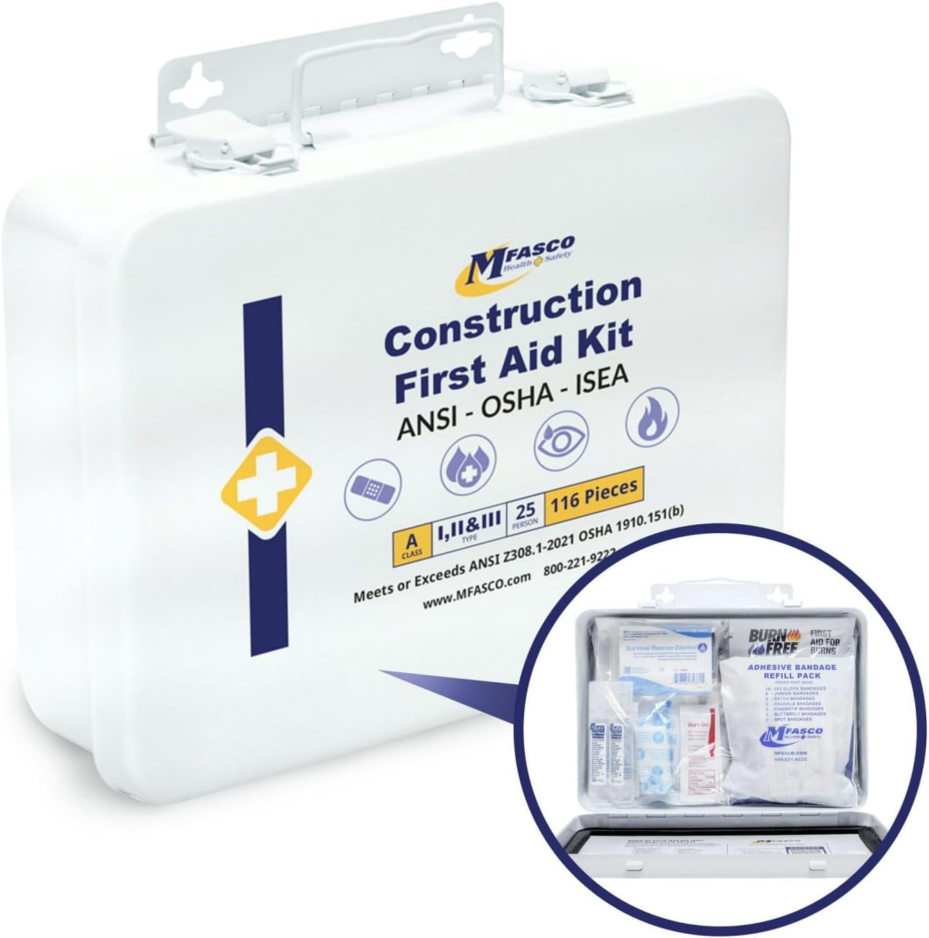 MFASCO Construction First Aid Kit - 2021 OSHA Class A Metal Box, ANSI ...