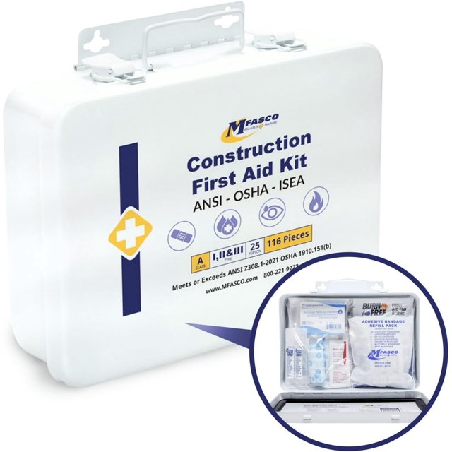 MFASCO Construction First Aid Kit - 2021 OSHA Class A Metal Box, ANSI ...
