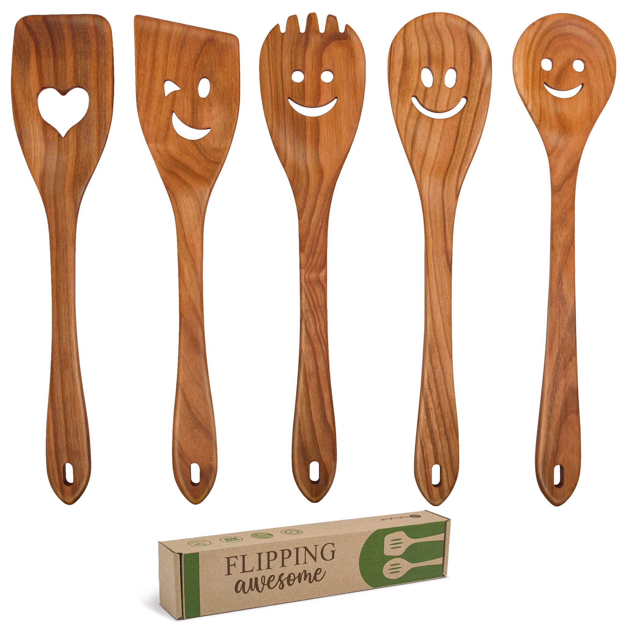 MFC 5-Piece Wooden Cooking Spoons - Kitchen Spatula Set from Natural Cherry Wood - Wooden Spoons ...