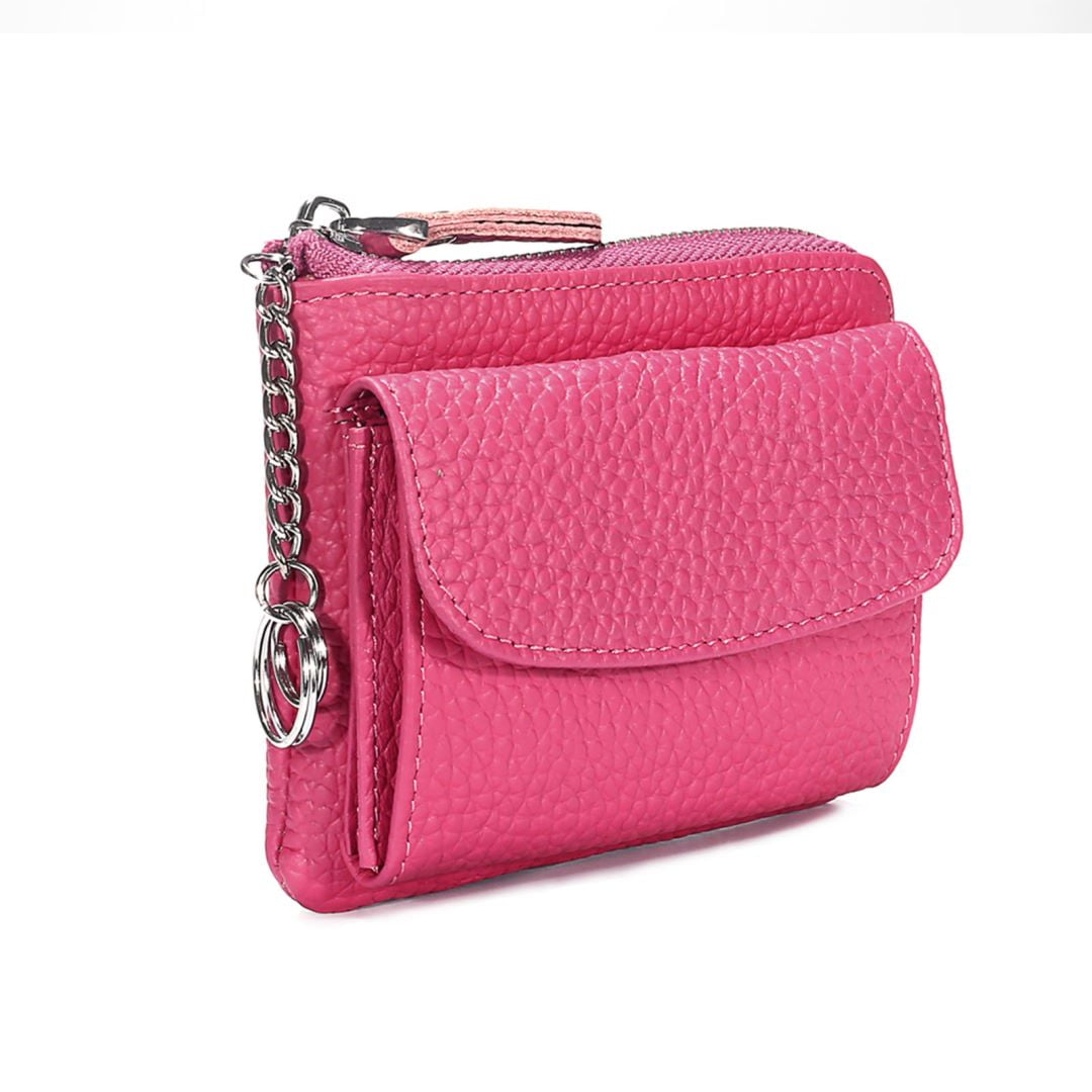 MFFOR Leather Coin Pouch Purse for Women Mini Travel Change Wallet with Keychain, Rose Red ...