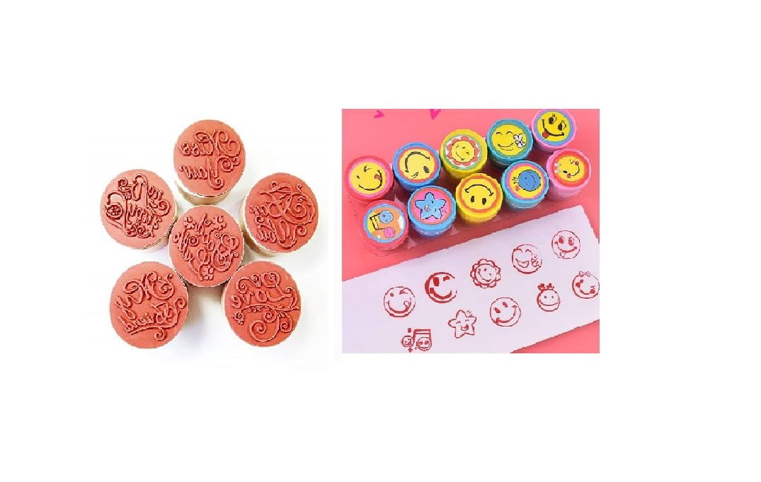 MFH 10 Pcs Emoji smilley Stamper for Kids and Wooden Round Stamp ...
