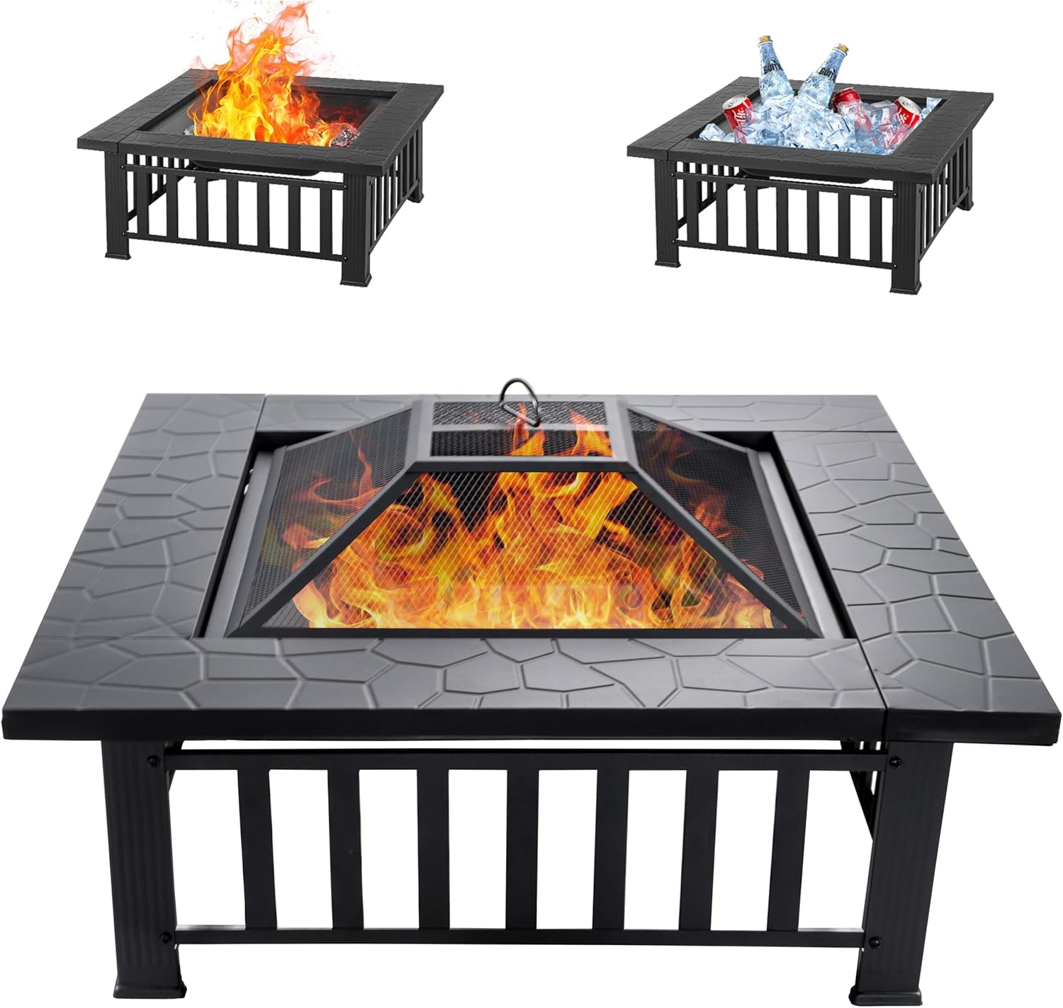 MFQ 32 inch Fire Pit, Square Outdoor Fire Pit Table with Spark Screen ...