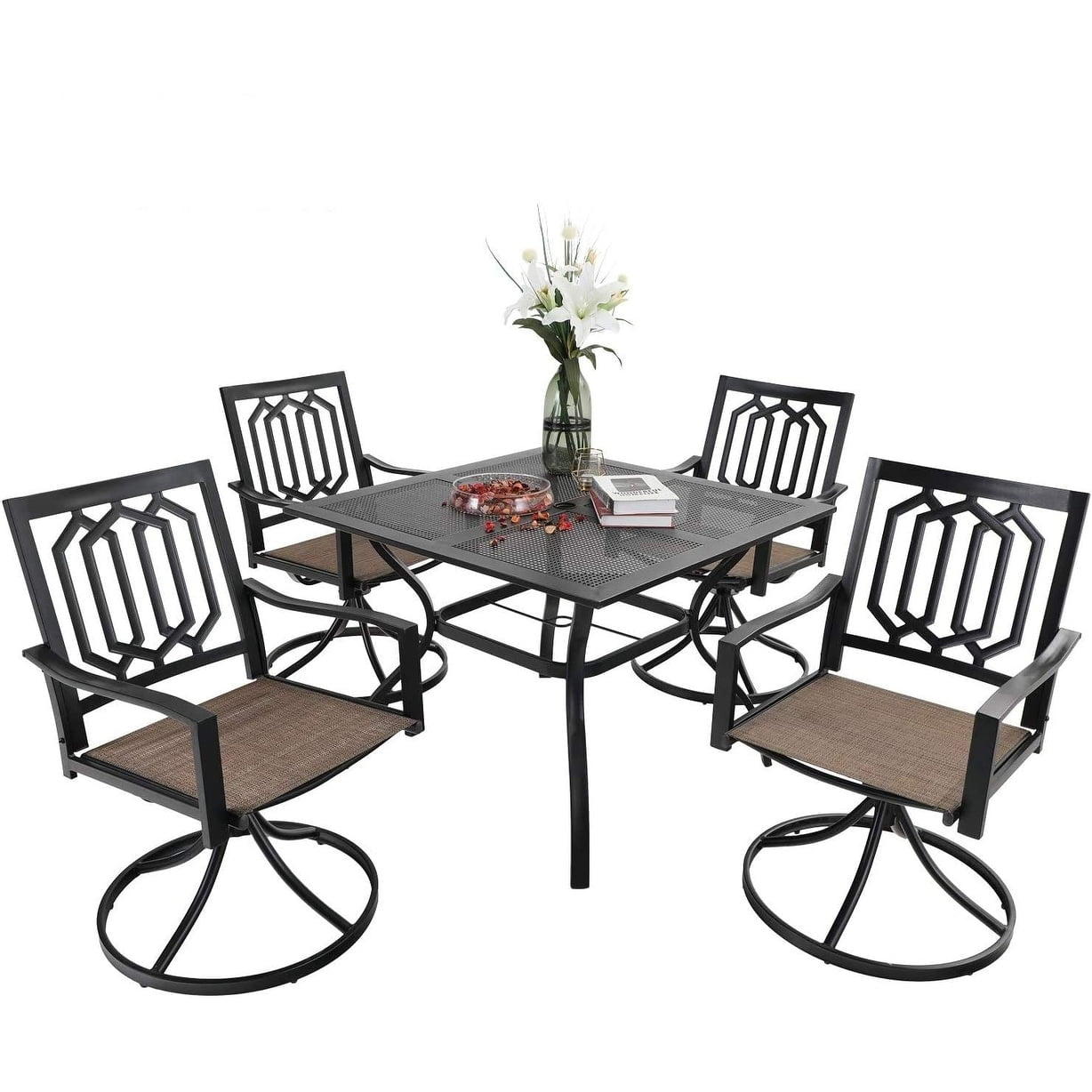MFSTUDIO 5-Piece Patio Dining Set, 4 Sling Swivel Chairs and Multi Role ...