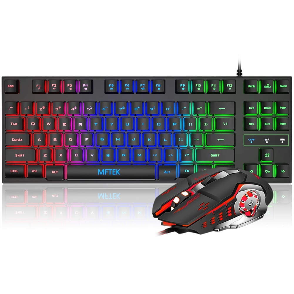 Mftek Rgb Rainbow Gaming Keyboard And Mouse Combo Compact 87 Keys Backlit Computer Keyboard