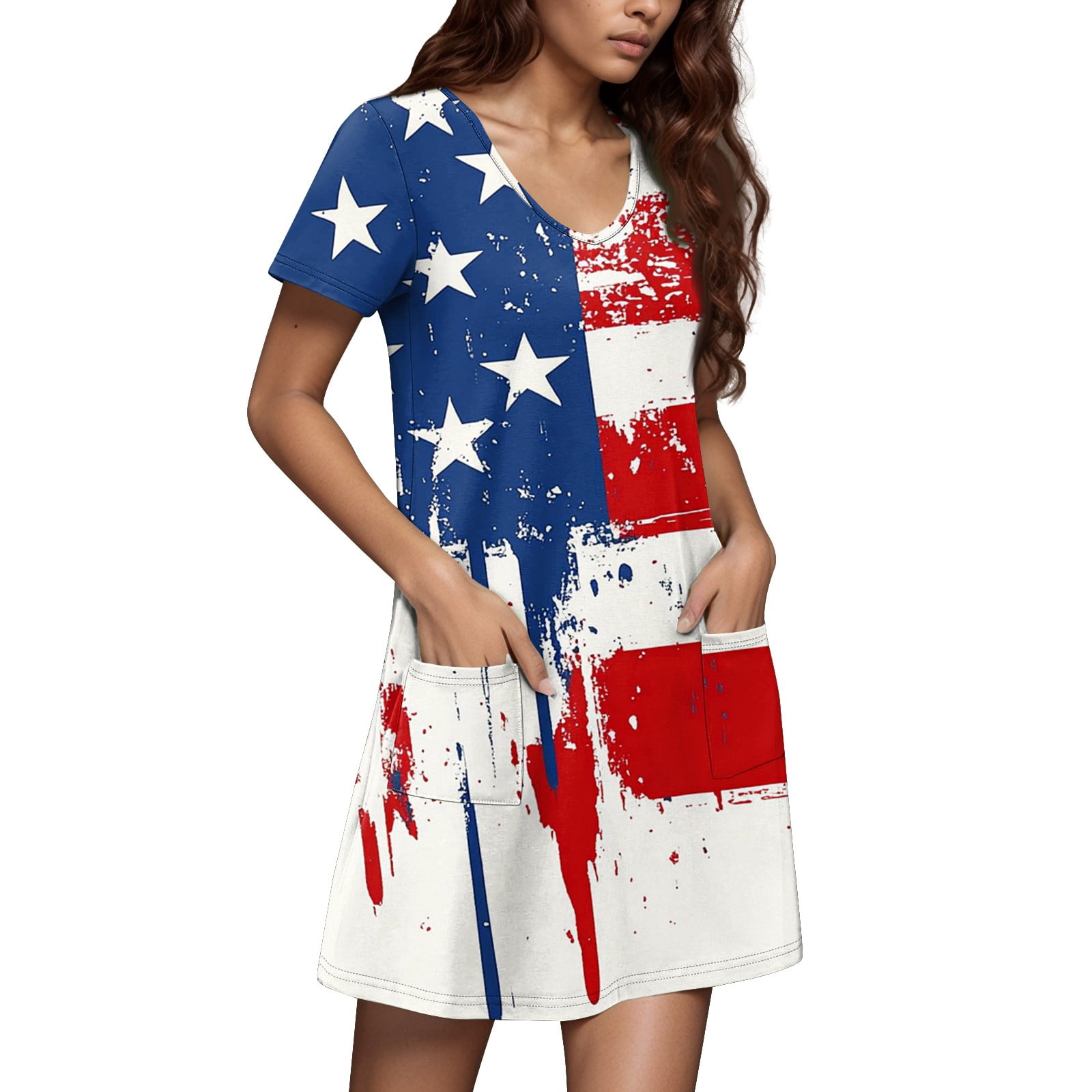 MGCWSH 4th Of July Dresses for Women Usa Flag Print Eye-Catching V Neck ...