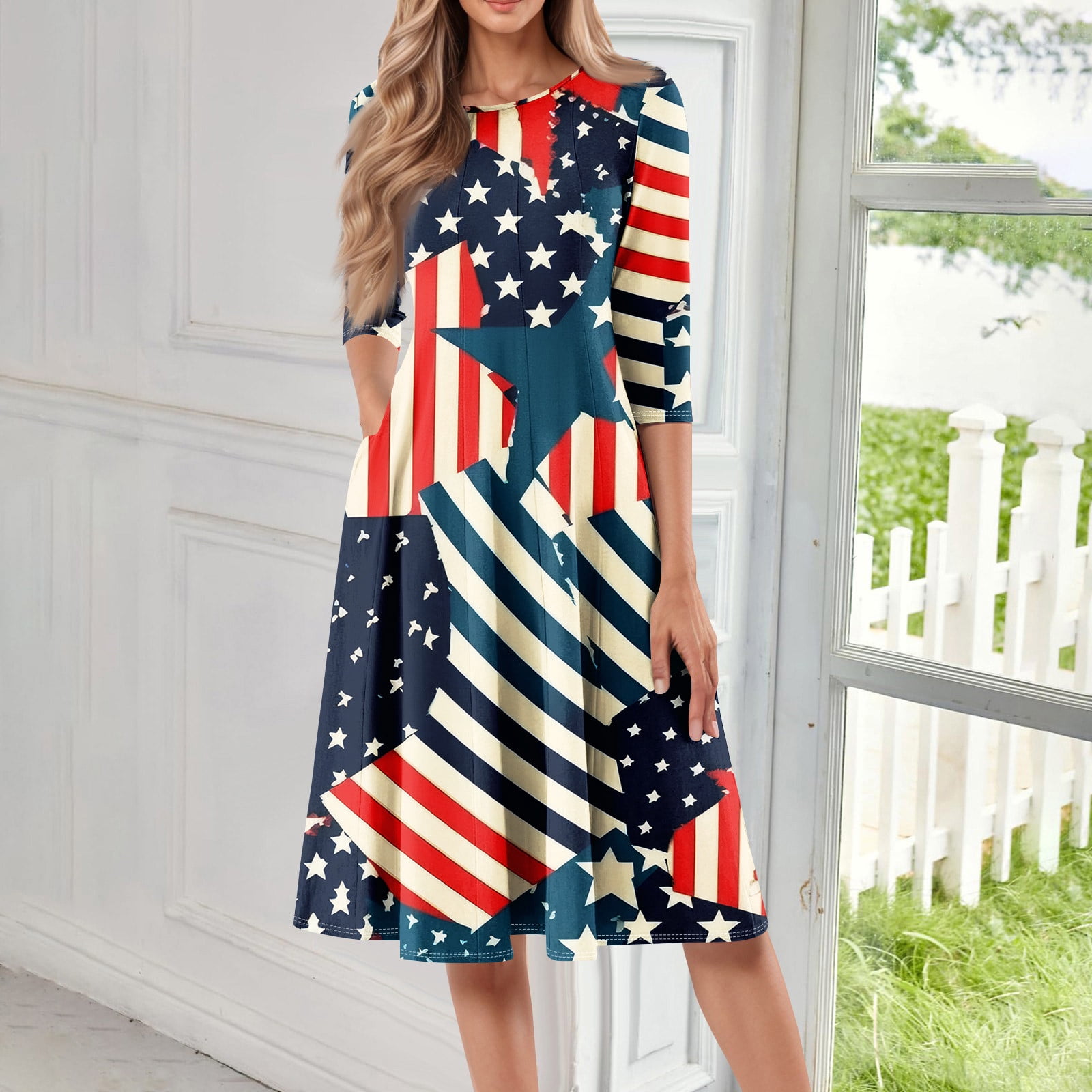 MGCWSH American Flag Dress Womens Star Stripes Eye-Catching 3/4 Sleeve ...
