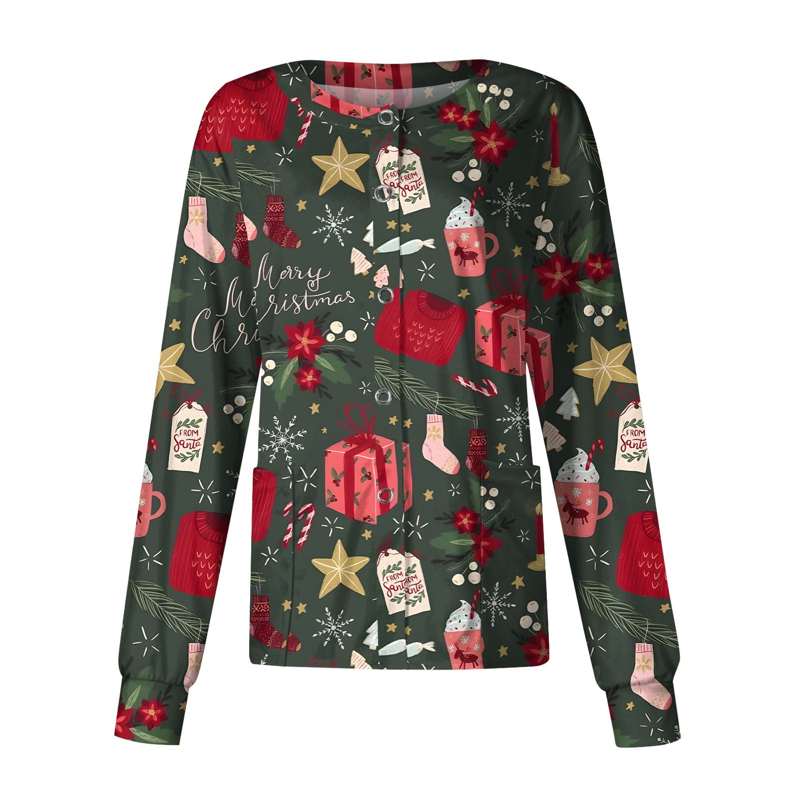 MGCWSH Christmas Scrubs Jacket for Women Xmas Button Down Reindeer ...