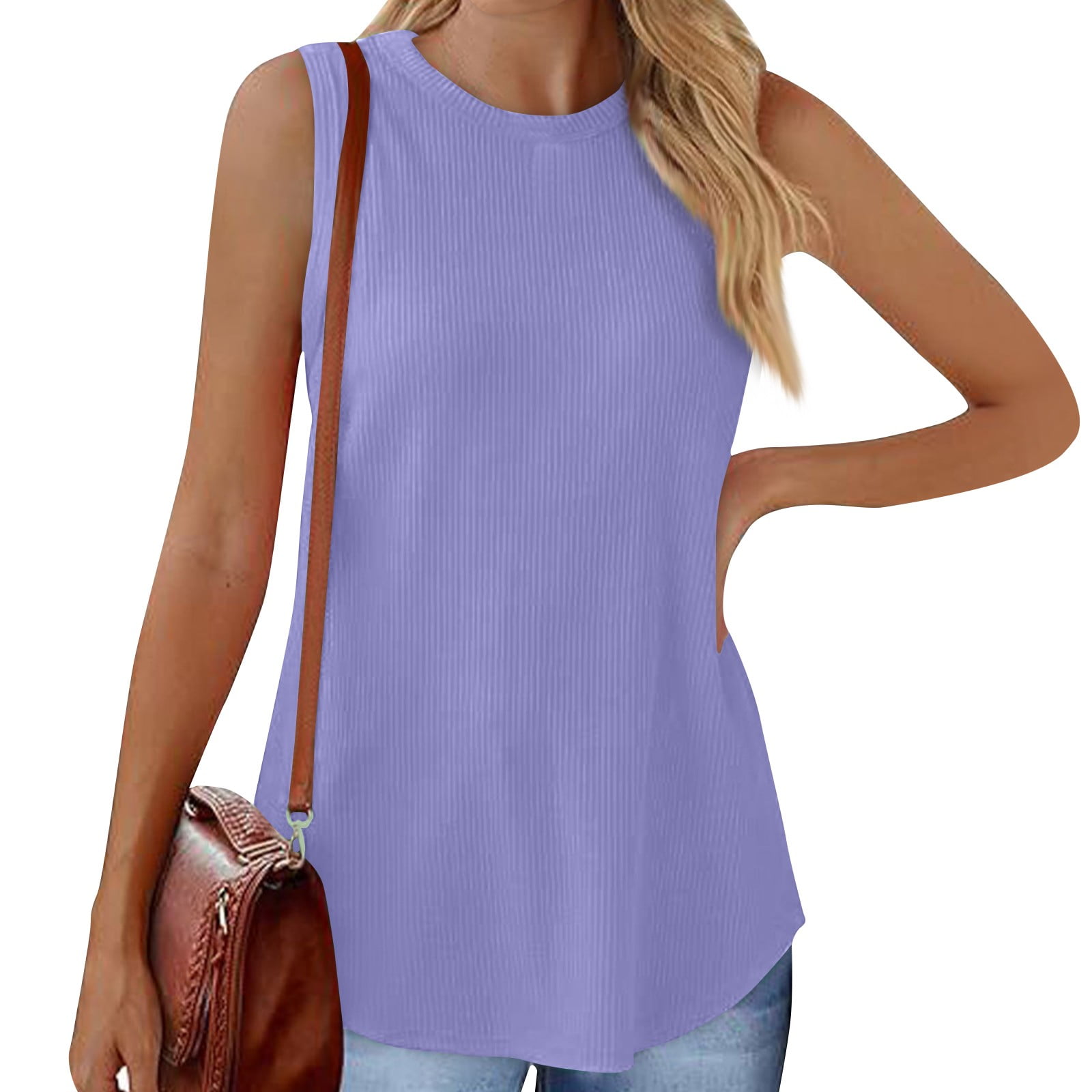 MGCWSH Crewneck Soft Waffle Knit Tank Top Women Loose Fit Curved Hem ...