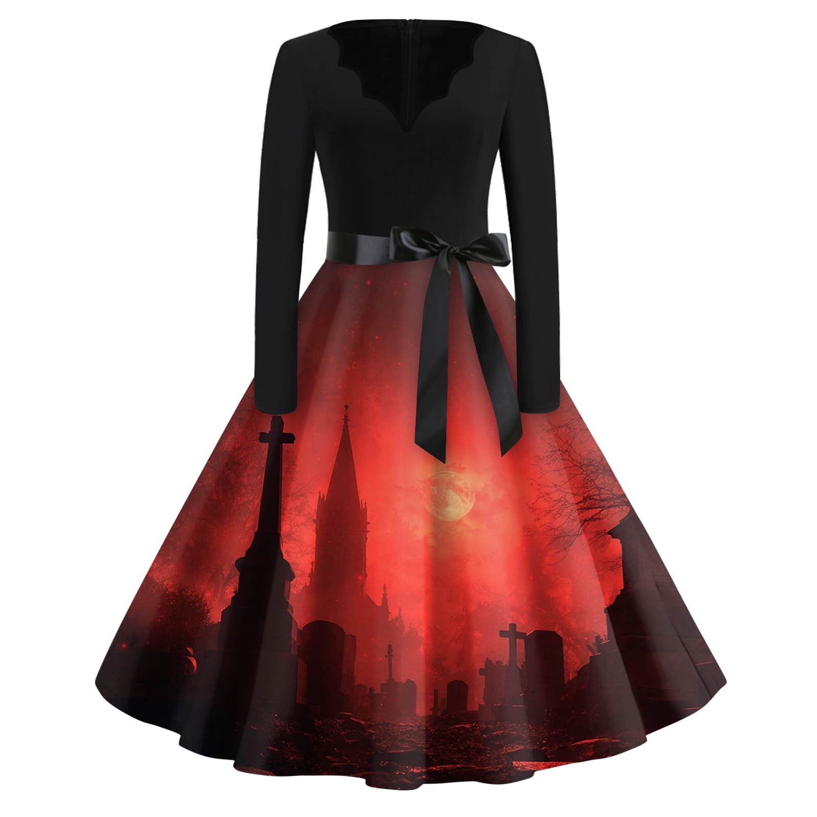 MGCWSH Halloween Dress for Women Horror Print V Neck Long Sleeve ...