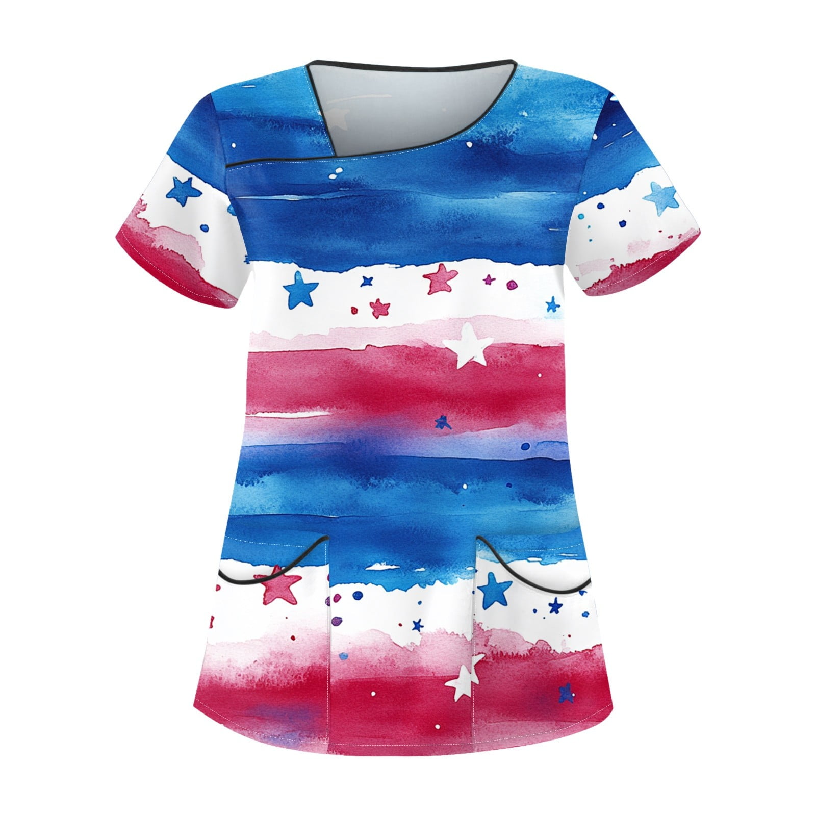 MGCWSH Scrub Shirts for Women Star Striped Oblique Collar Short Sleeve ...