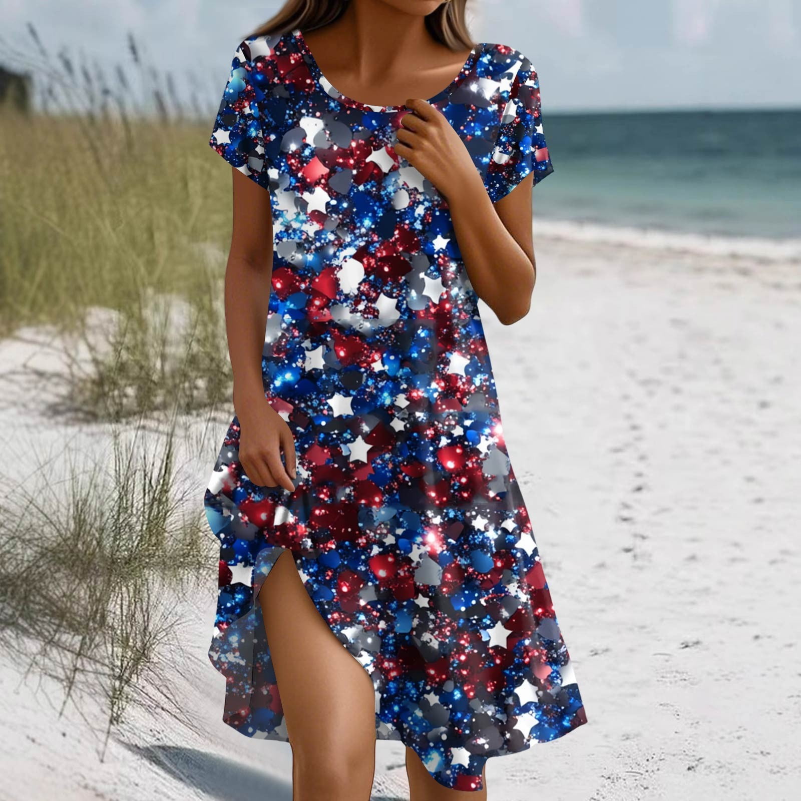 MGCWSH Women Usa Themed Dresses Blue Independence Day Graphic Crew Neck ...