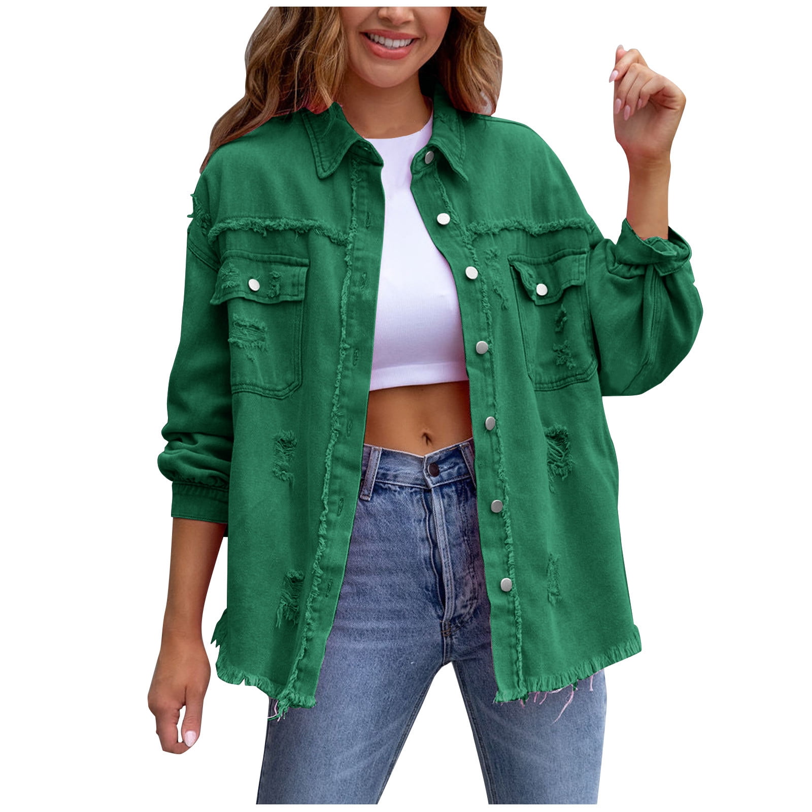 MGCWSH Women's Button Down Oversized Denim Jackets Ripped Shacket Jean ...