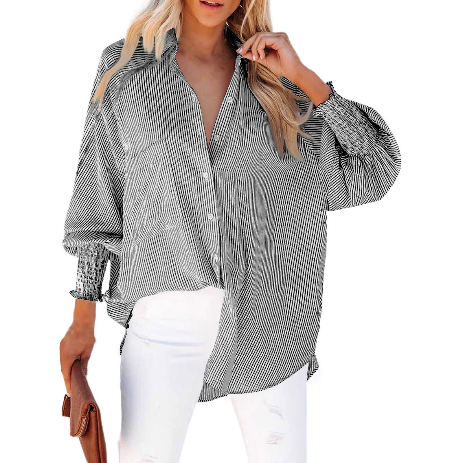 MGCWSH Women's Striped Print Shirred Long Sleeve Button Down Pocket Blouse Shirt Top Black M ...