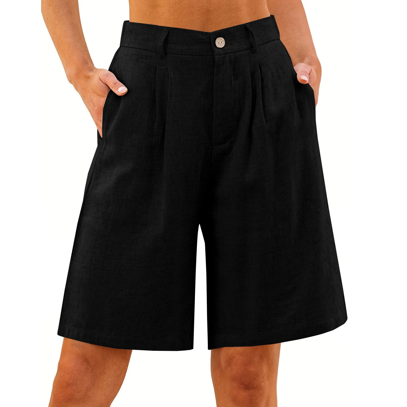 MGCWSH Womens Linen High Waisted Bermuda Lounge Shorts Wide Leg Casual ...