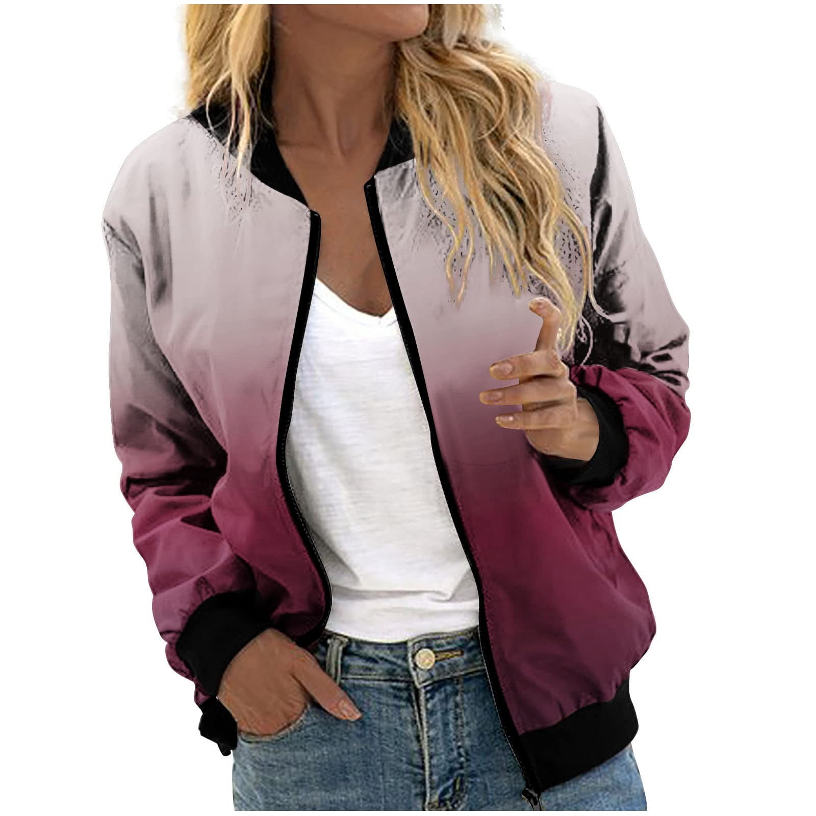 MGCWSH Zipper Bomber Jacket for Women Fall Fashion Casual Hoodless ...