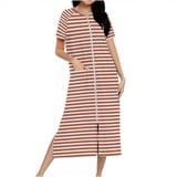 MGDXOX Womens Heart Print Zip Front Midi Nightgown Short Sleeve Loose ...