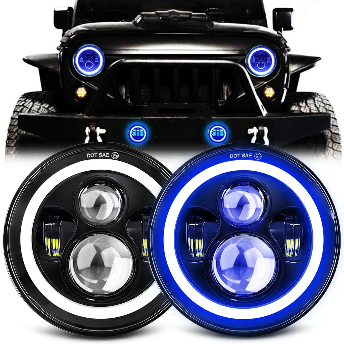 MGLLIGHT 7 Inch LED RRF12 Headlights with Blue Halo Ring Amber Turn ...