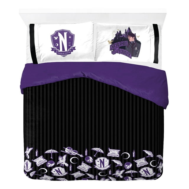 MGM Wednesday Addams Patches Purple 7 Piece Queen Size Bed Set with ...