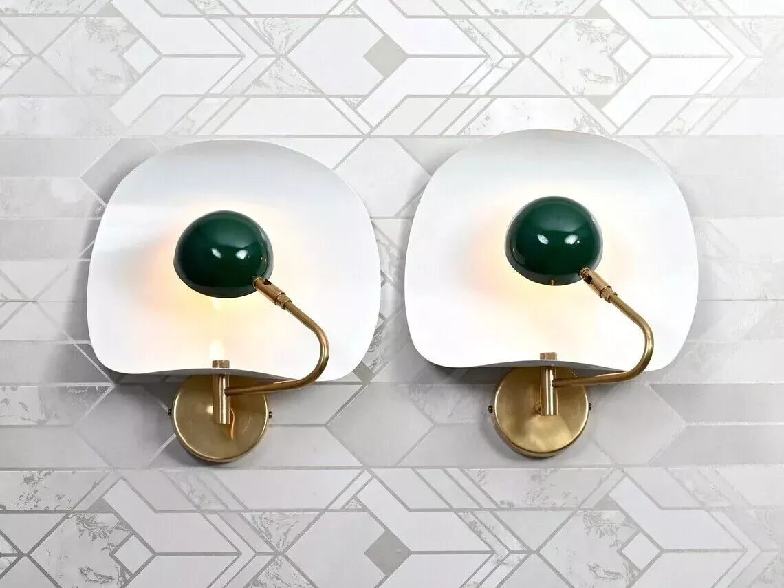 MH Overseas Mid Century Pair Wall Sconce with White & Green Shades ...