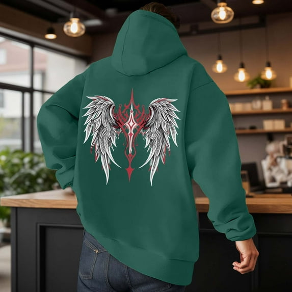 MHFRRA Hoodie Men Winter Angel Wing Print Casual Pullover Hoodie Soft ...