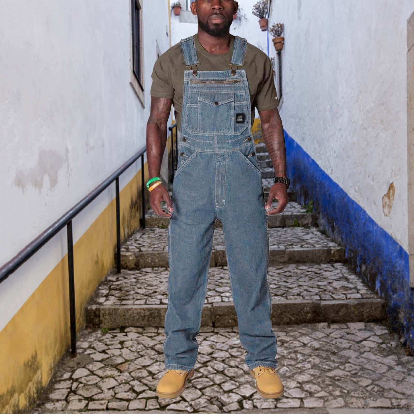 MHFRRA Jeans for Men Mens Back Strap Denim Rompers Denim Cargo Pants ...