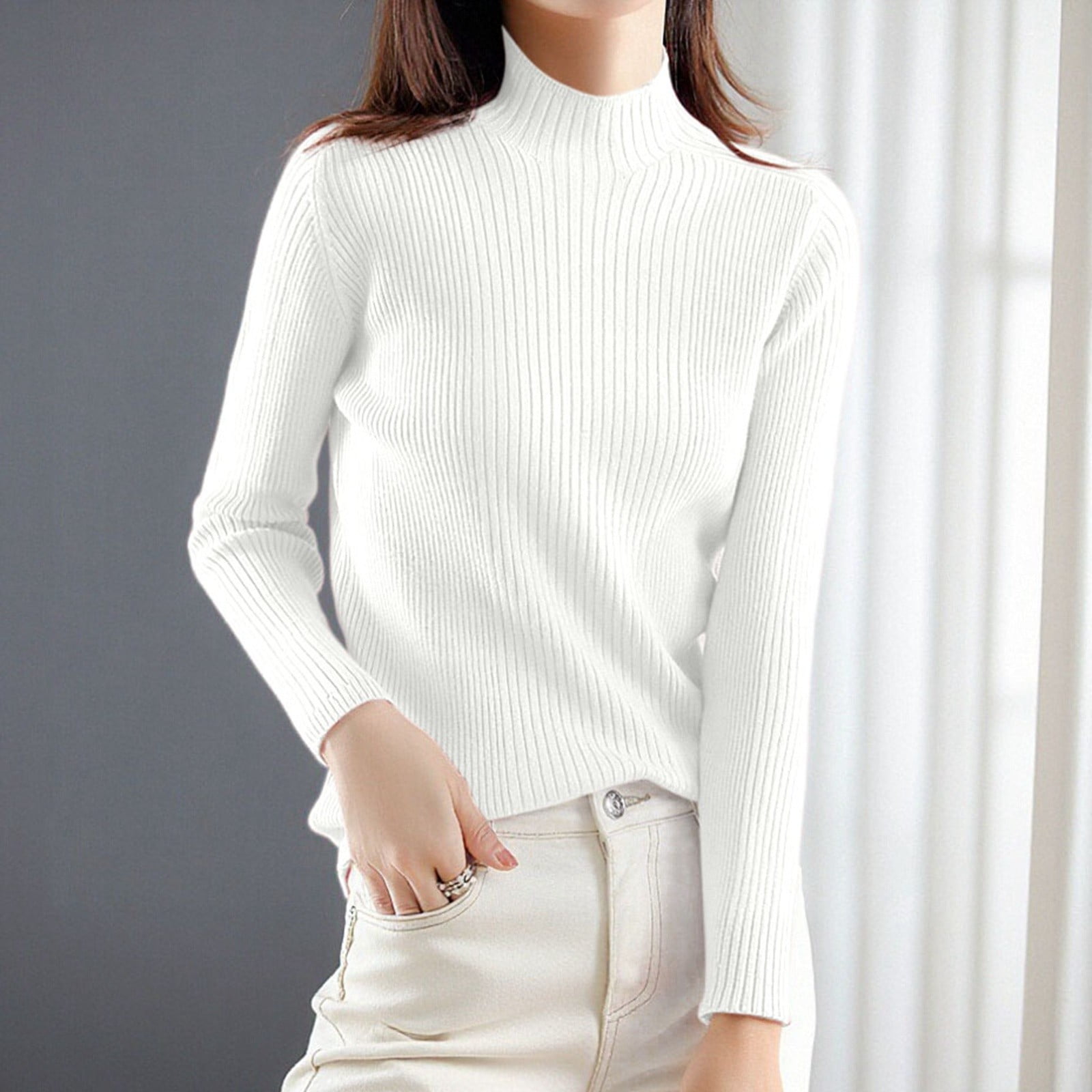 MHFRRA Women Sweatshirt Elegant Turtleneck Sweater Long Sleeve Slim Fit Knit Pullover Soft Warm ...