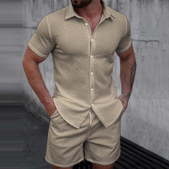 MHOSTAFH Mens 2 Piece Outfits Summer Short Sleeve Button Down Shirts ...