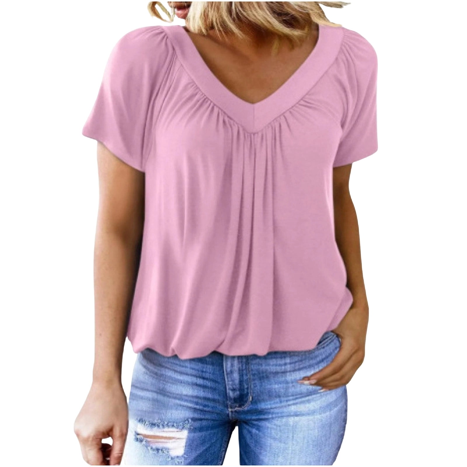 MHOSTAFH Women's Summer T-shirts Solid Color Short Sleeve V Neck Tunic ...