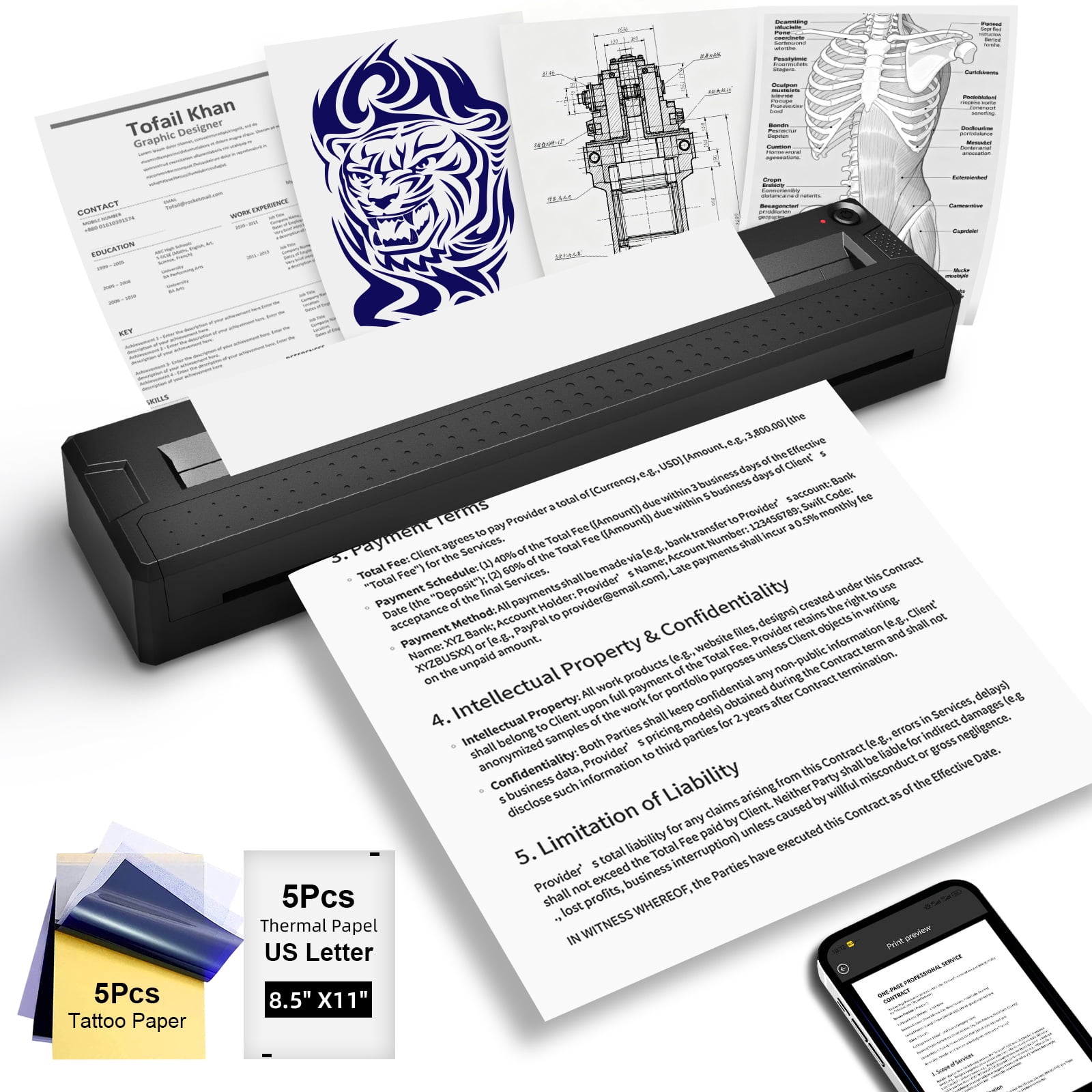 MHTMilestone Wireless Thermal Printer, Portable Bluetooth US Letter ...