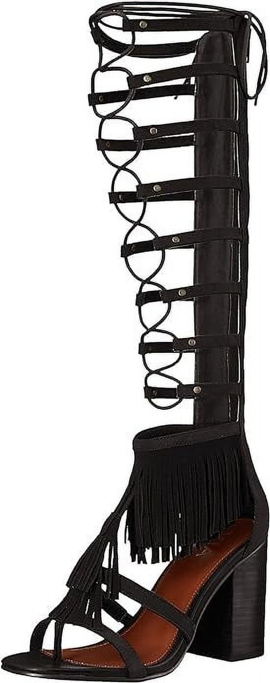 MIA Ricarda Black Round Open Toe Block Heel Fringe Detailed Gladiator ...