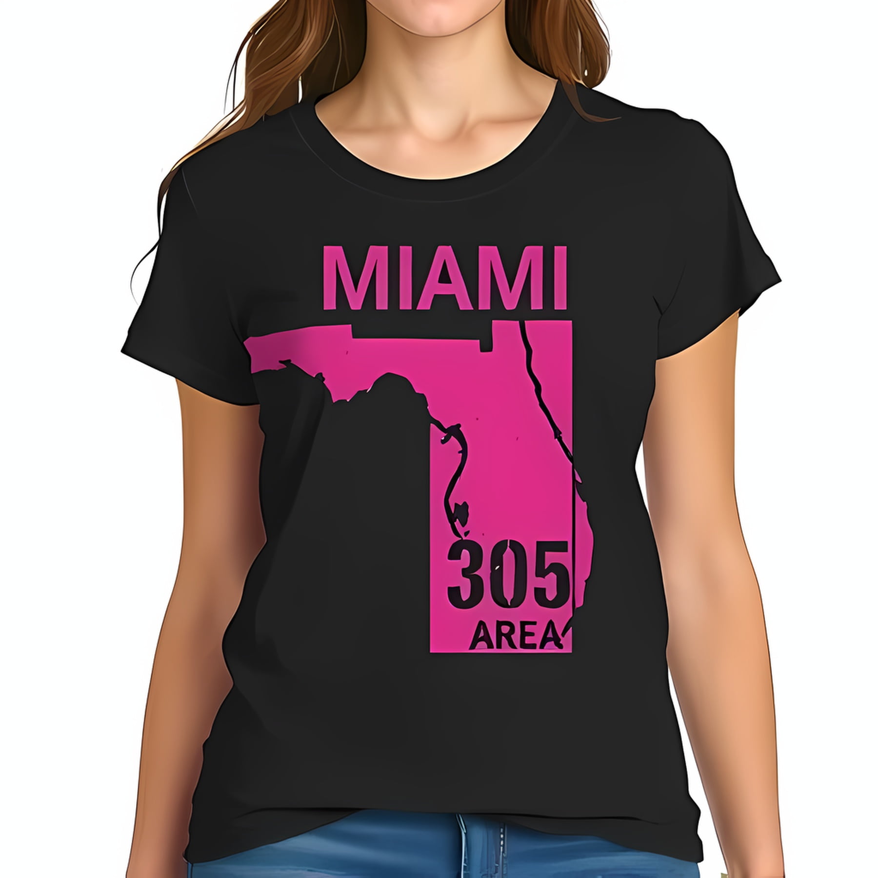 MIAMI Graphic T-Shirt for Women - Hot Pink Outline & 305 Area Code ...