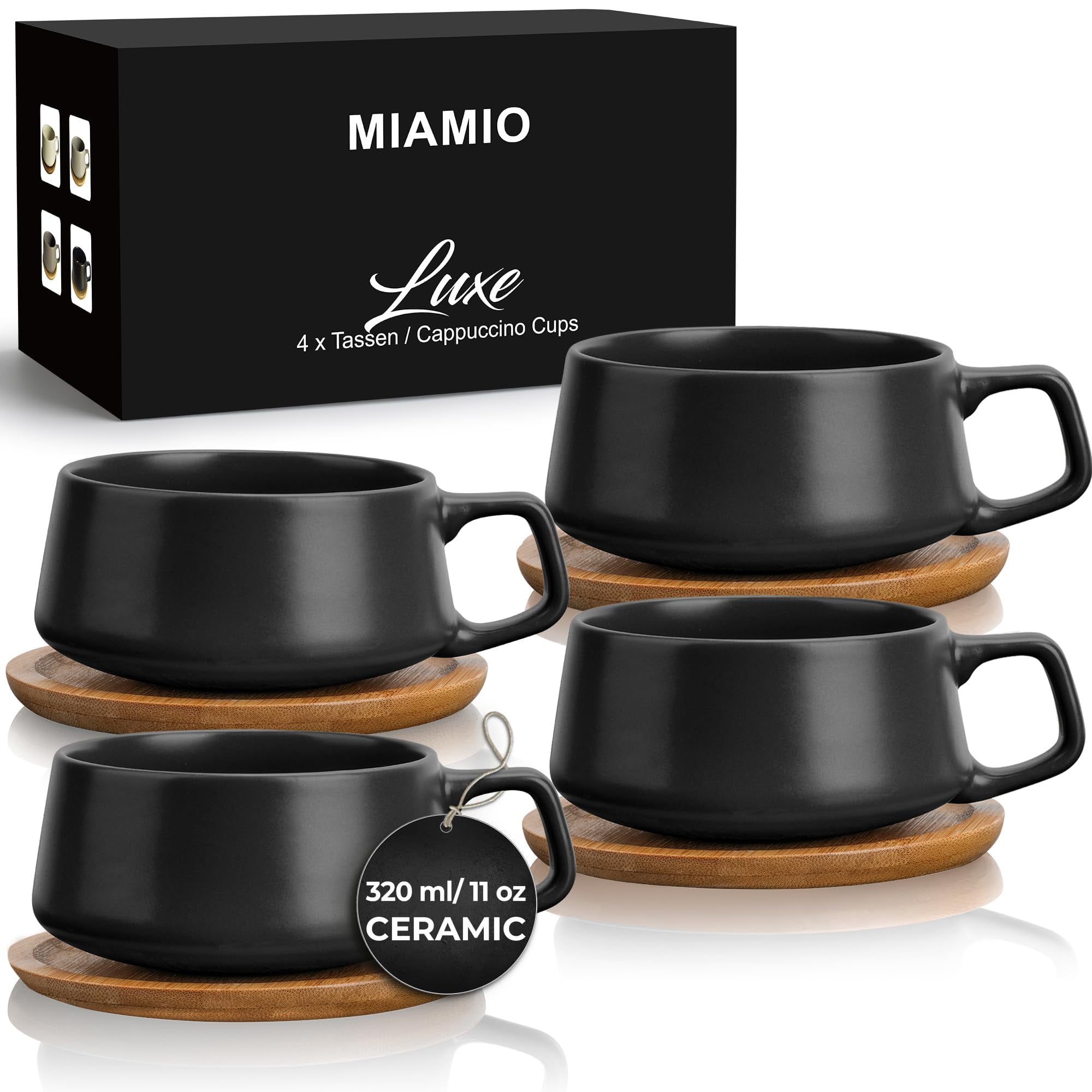 MIAMIO – 11 Oz., Set of 4 Ceramic Tea Cup and Saucer Bamboo/Tea Mug ...