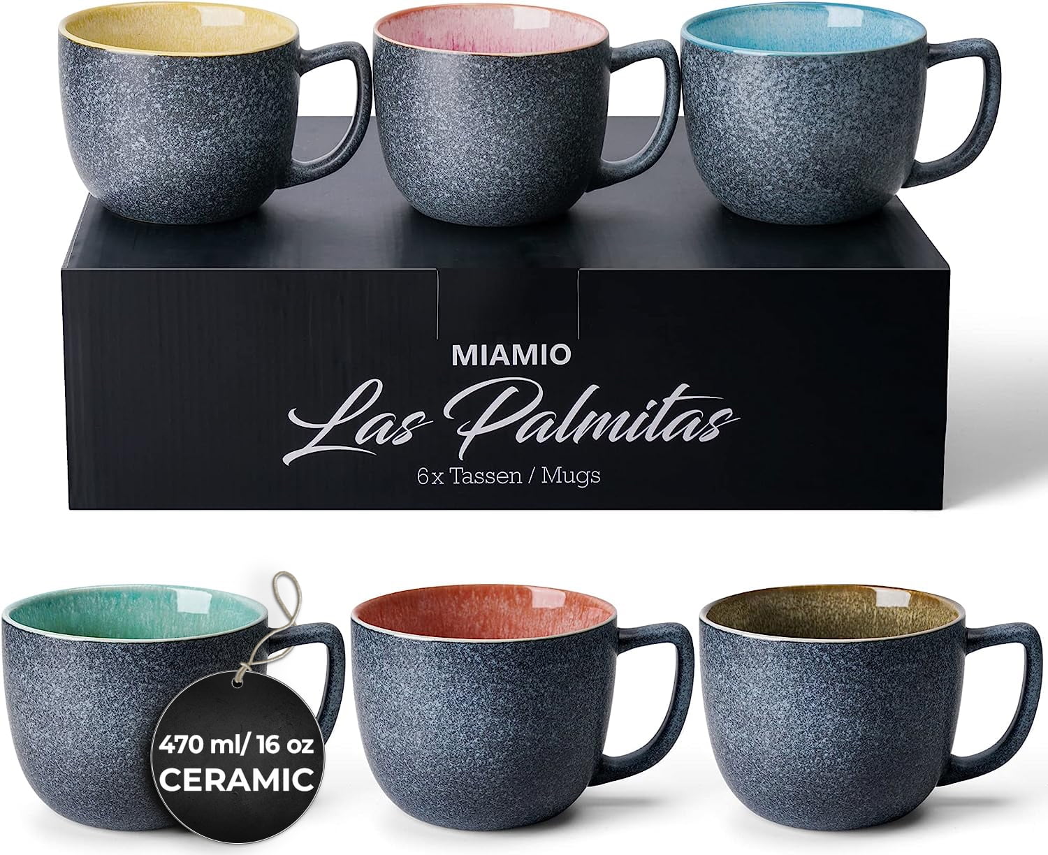 MIAMIO - 16 oz Ceramic Stoneware Coffee Mugs Set of 6 - Las Palmitas ...