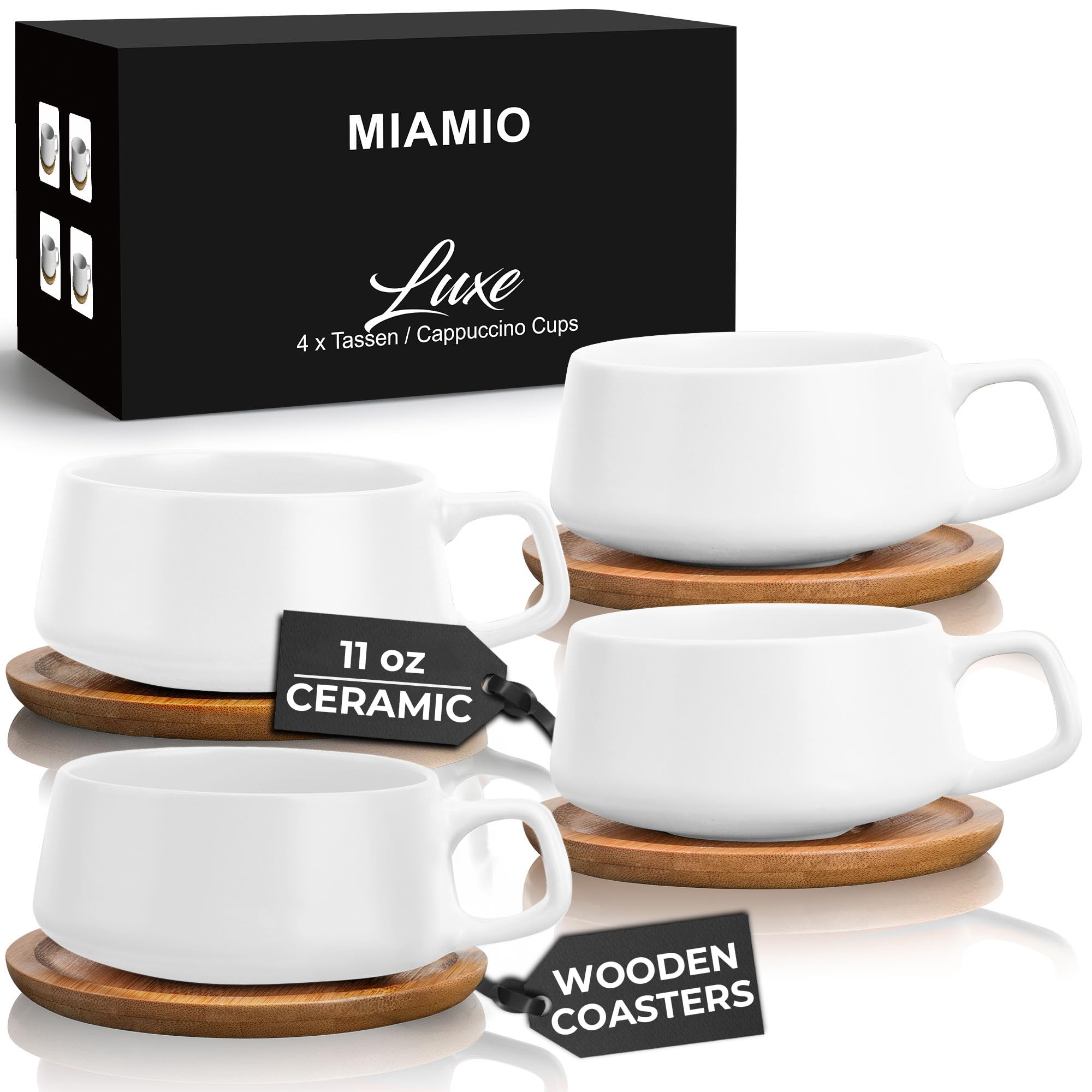 MIAMIO – 320 ml., Set of 4 Ceramic Tea Cup and Saucer Bamboo/Tea Mug ...