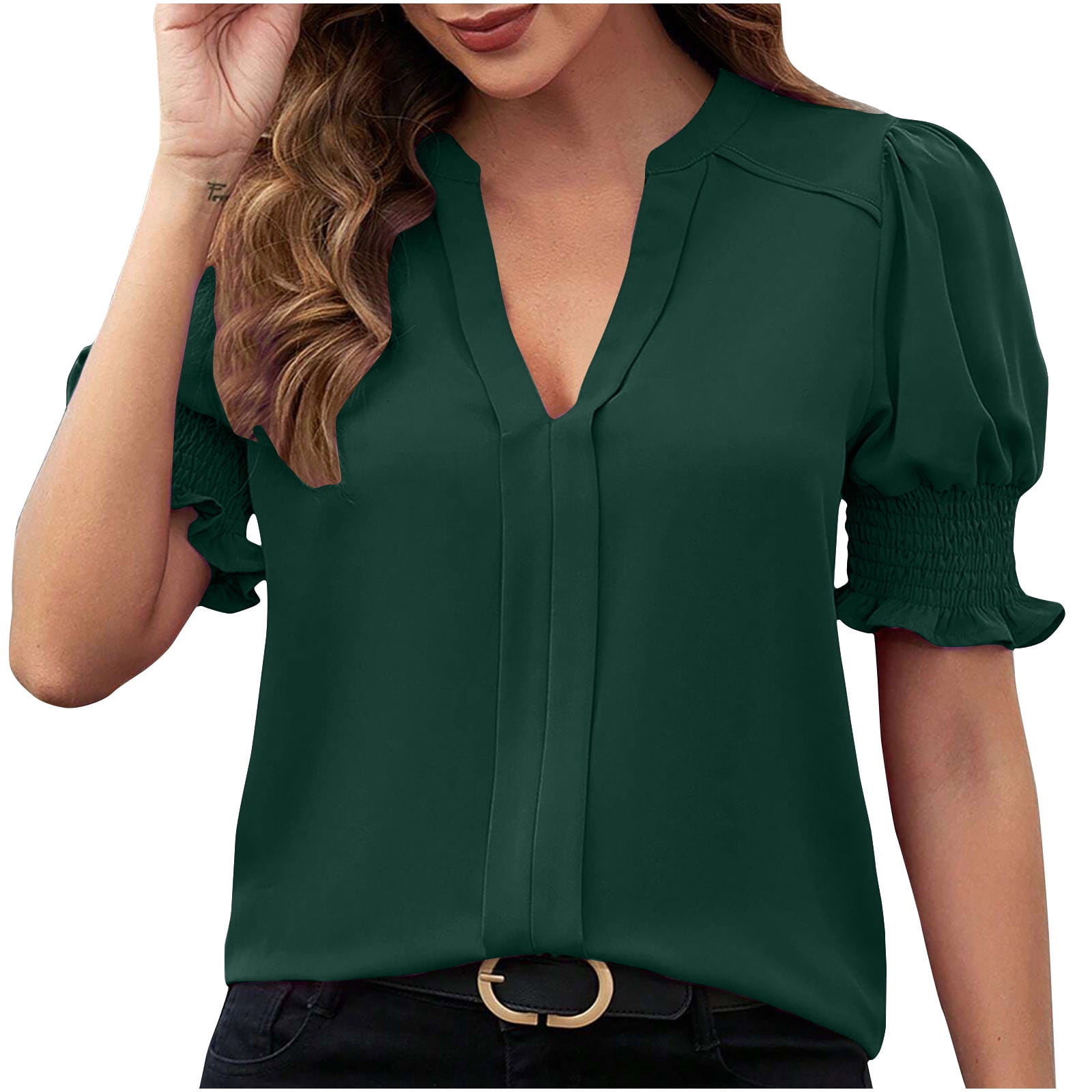 MIANHT Blouses for Women Notch Neck Solid Color Short Sleeve Blouses ...
