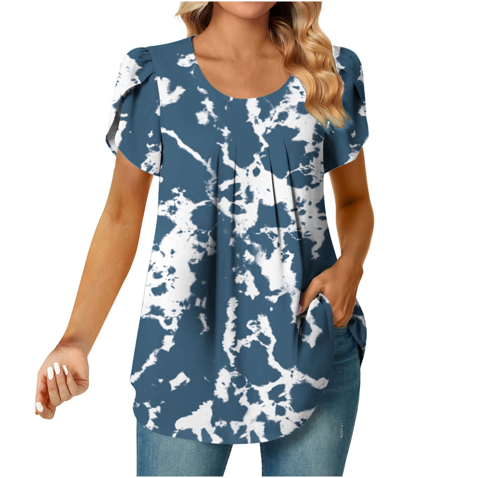 MIANHT Shirts for Women Trendy Loose Fit Pleated Front Hide Belly Tunic ...