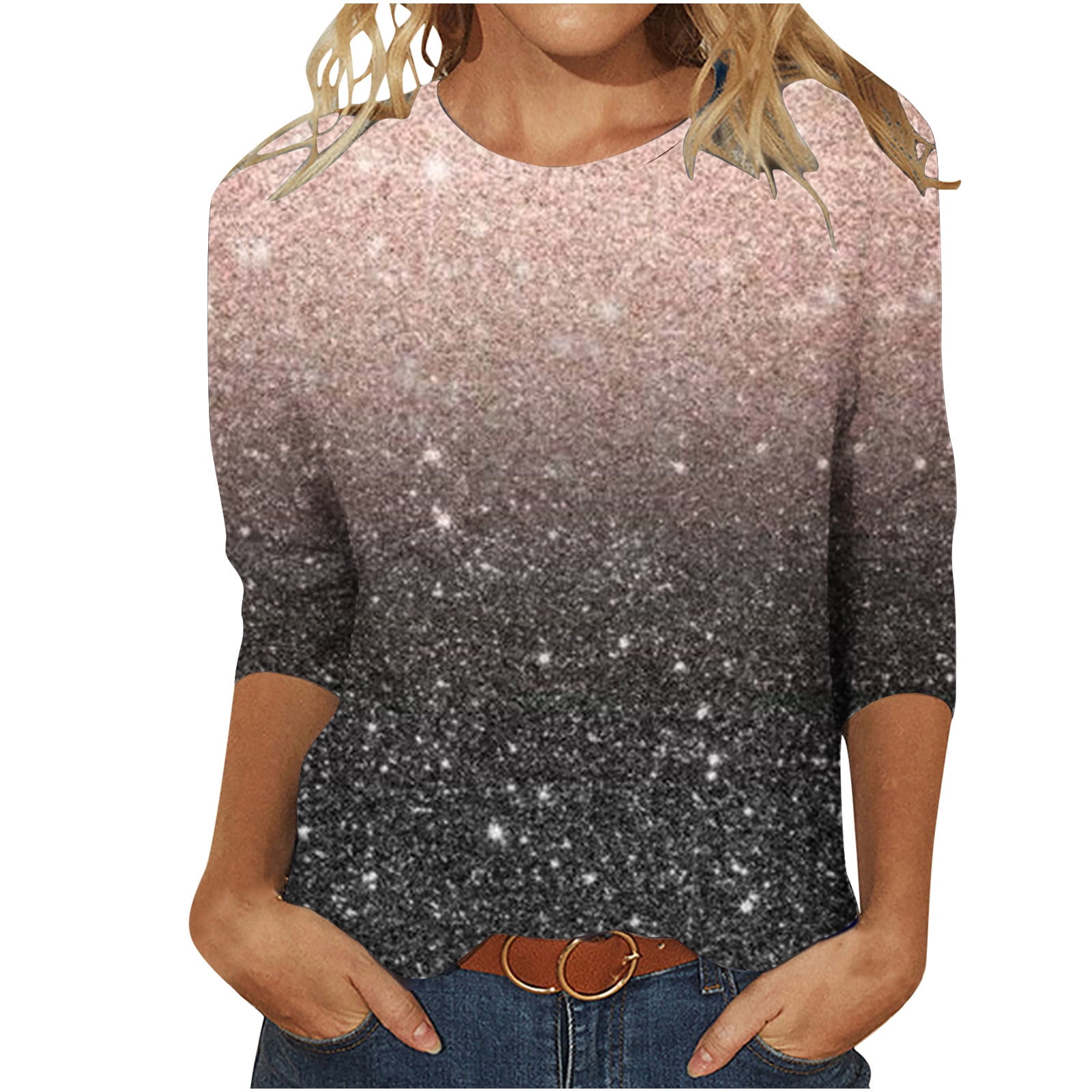 MIANHT Women's 3/4 Sleeve Shirt, Sparkling Crystal Printed Tops, Bling ...