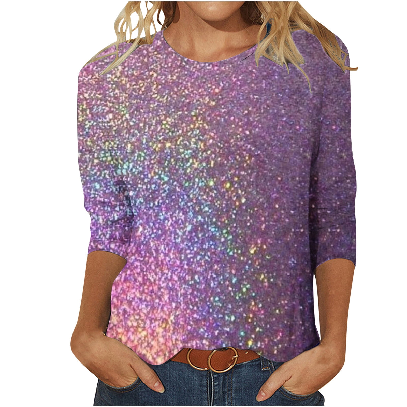 MIANHT Women's 3/4 Sleeve Shirt, Sparkling Crystal Printed Tops, Bling ...