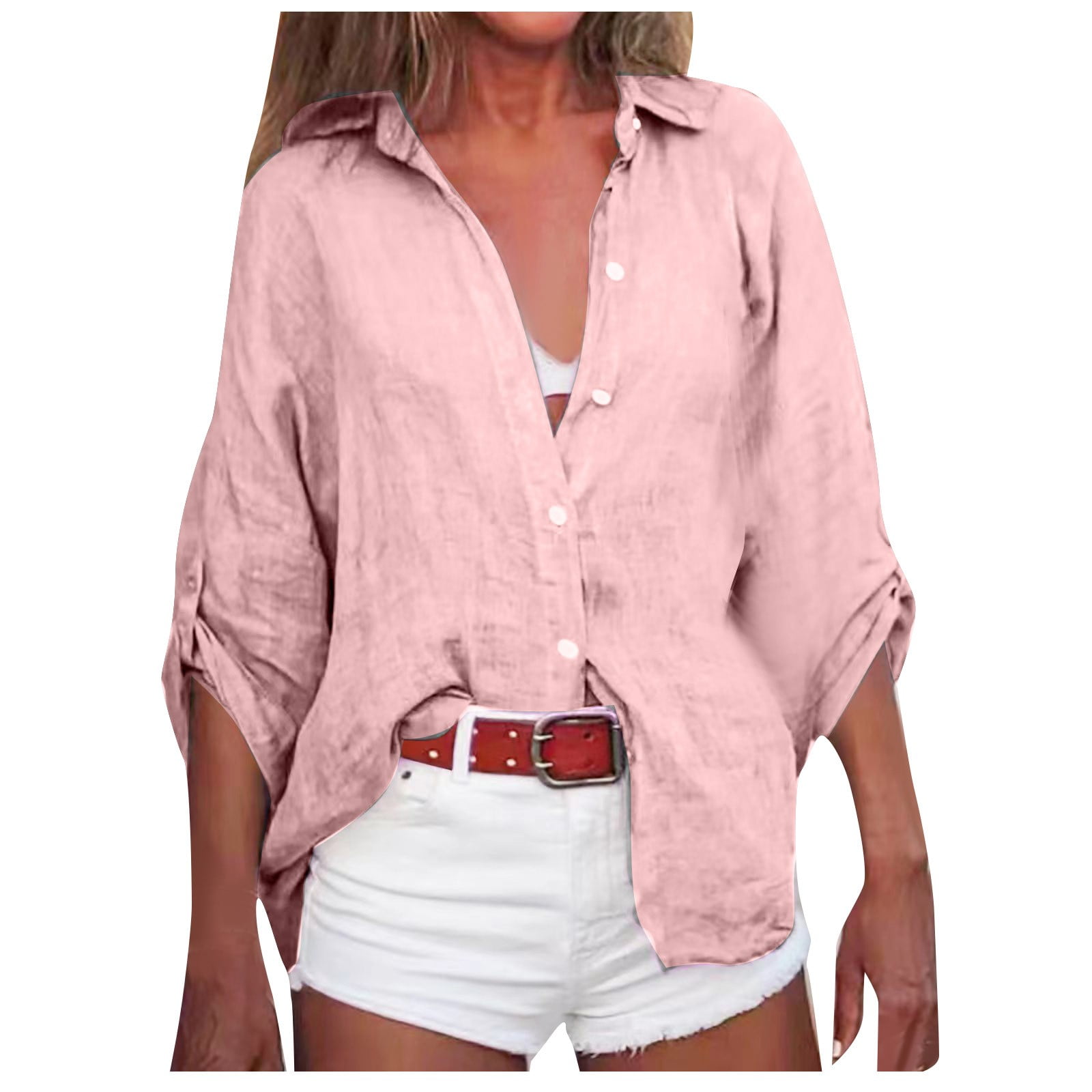 MIANHT Womens Blouses Solid Color Lapel Neck Button Down Long Sleeve ...