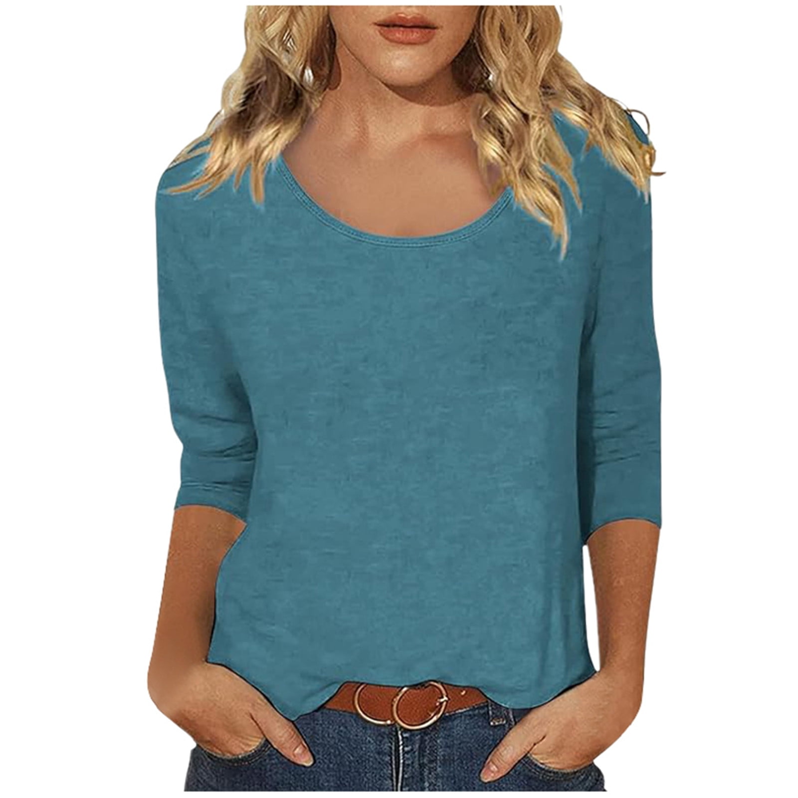 MIASHUI Women's Casual Solid Color V-Neck Low Cut Three Quarter Sleeve ...