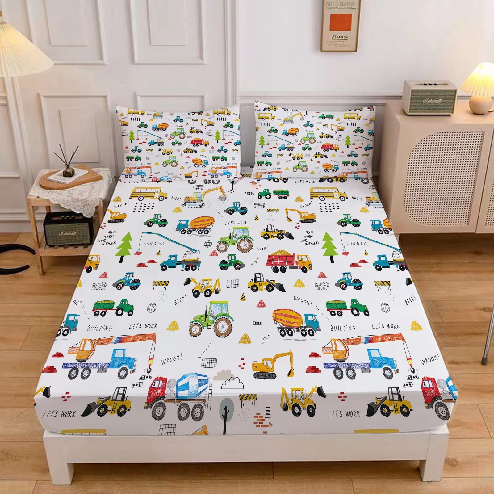 MIBNCE Cartoon Car Kids Fitted Sheet Construction Bed Sheet Set Cartoon ...