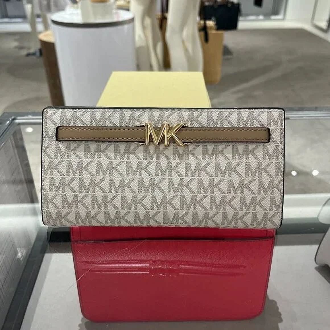 MICHAEL KORS REED LARGE SNAP FLAP CARD CLUTCH WALLET Camel Multi gold ...
